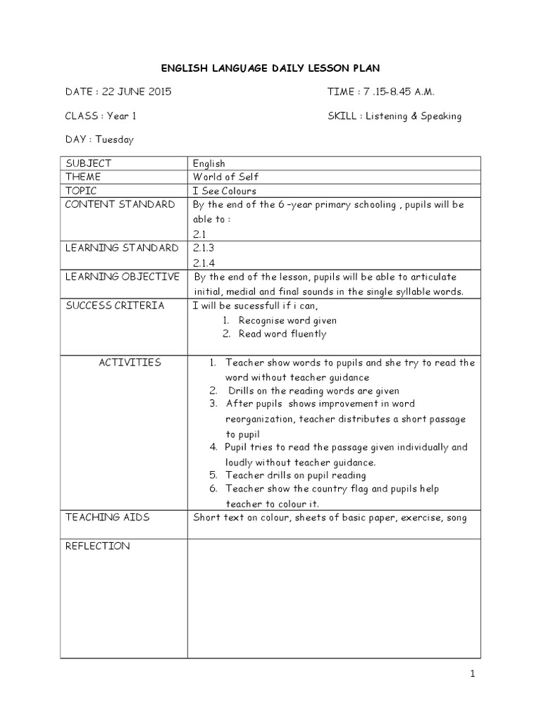 English Language Daily Lesson Plan | PDF | Lesson Plan | English Language