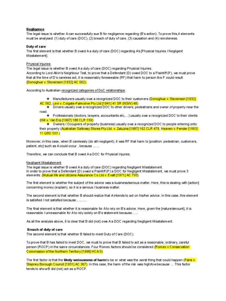 Negligence Cheat Sheet | PDF | Duty Of Care | Negligence