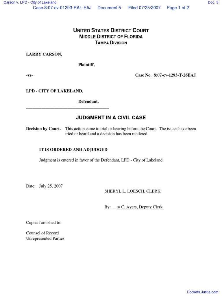 Carson v. LPD - City of Lakeland - Document No. 5 | PDF | Judgment (Law ...