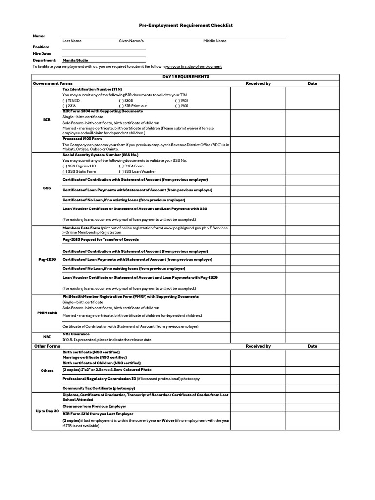 Government Forms Received by Date Day 1 Requirements: Pre-Employment ...