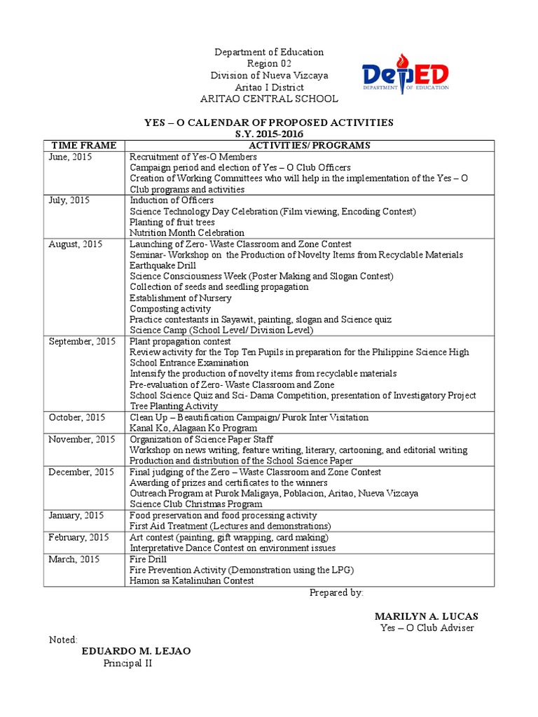 YES-O Proposed Activities Calendar 2015-2016 | PDF