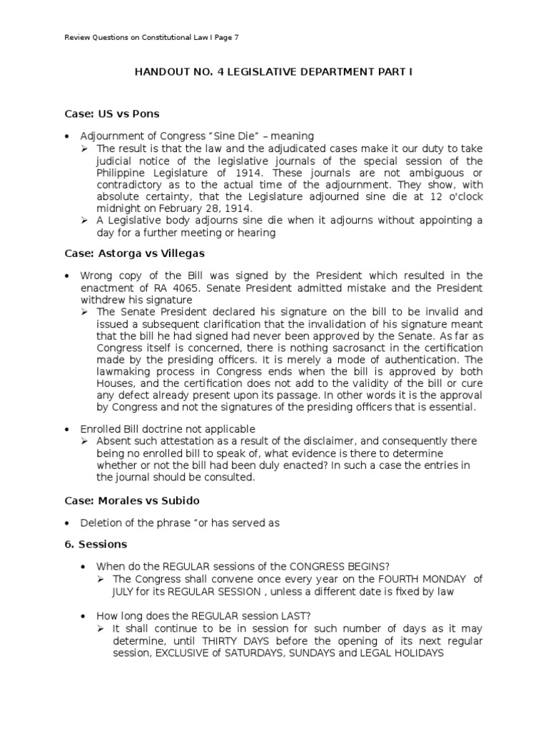 Handout No. 4 Legislative Department Part I: Review Questions On ...