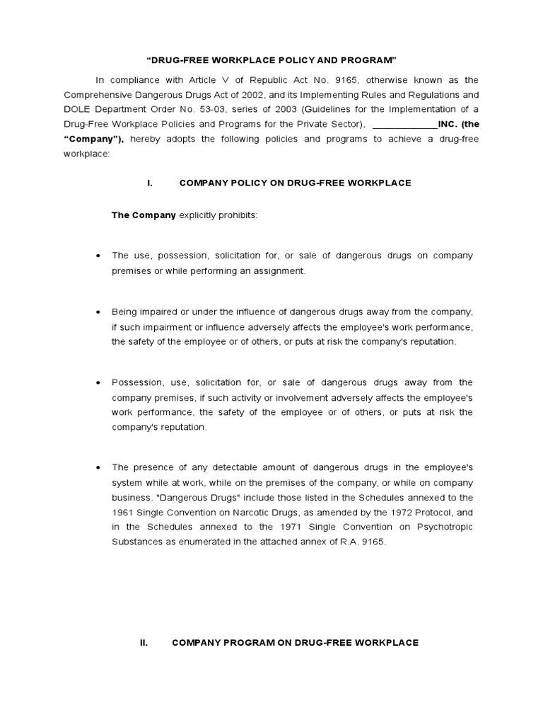 Drug Free Policy | PDF | Drug Test | Substance Abuse