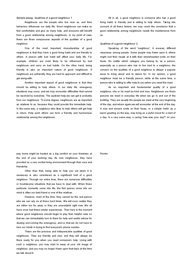 Sample Essay: Qualities of A Good Neighbour 1 | PDF | Friendship ...