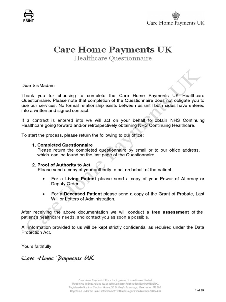 Continuing Healthcare Questionnaire | PDF | Urinary Incontinence ...