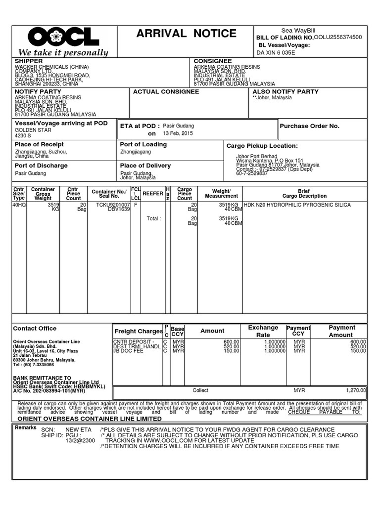 Arrival Notice: Bill of Lading No. BL Vessel/Voyage | PDF