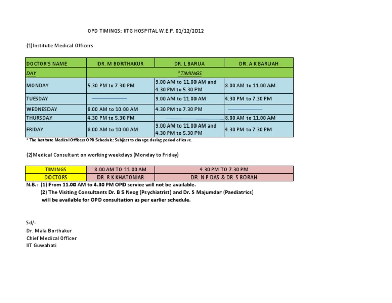 OPD Timings-IITG Hospital | PDF