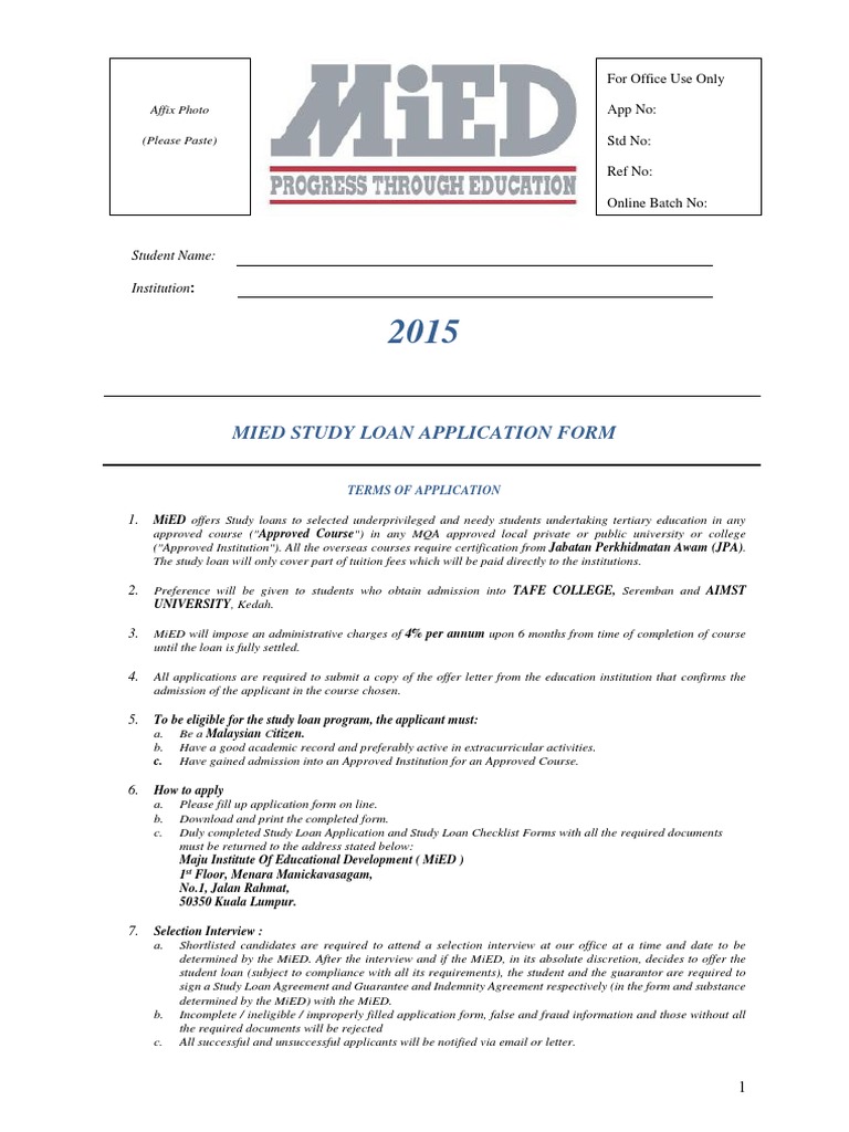 Mied Study Loan Application Form: Student Name: Institution | PDF ...