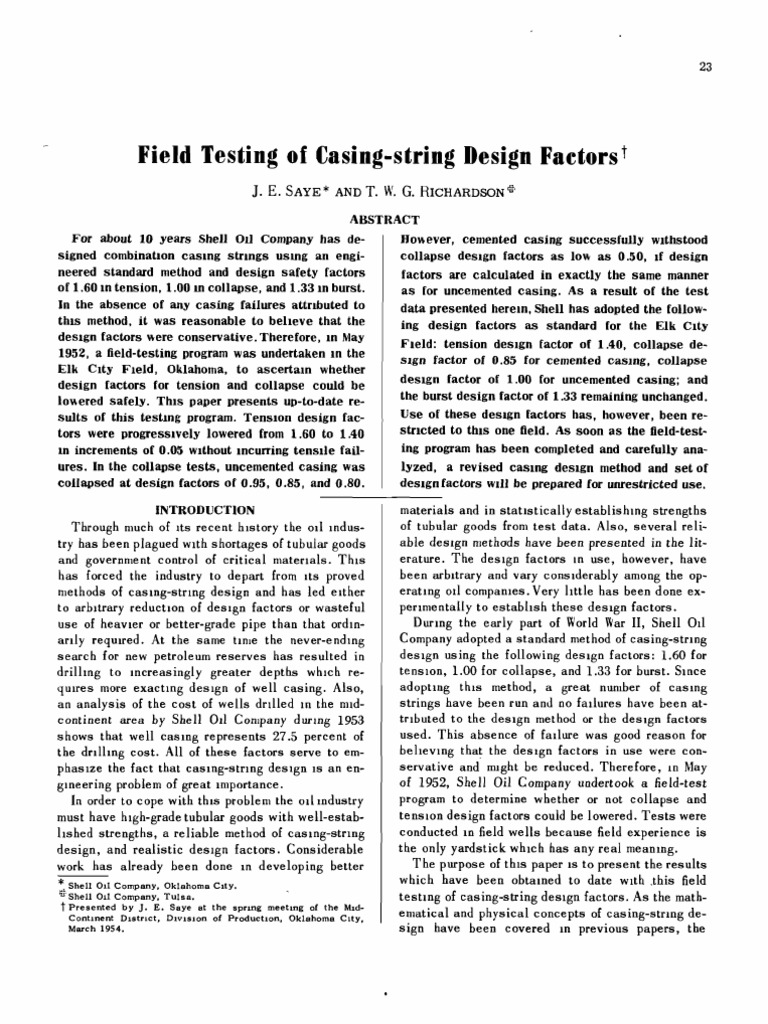 Field Testing of Casing Design Factors: Determining the Effects of ...