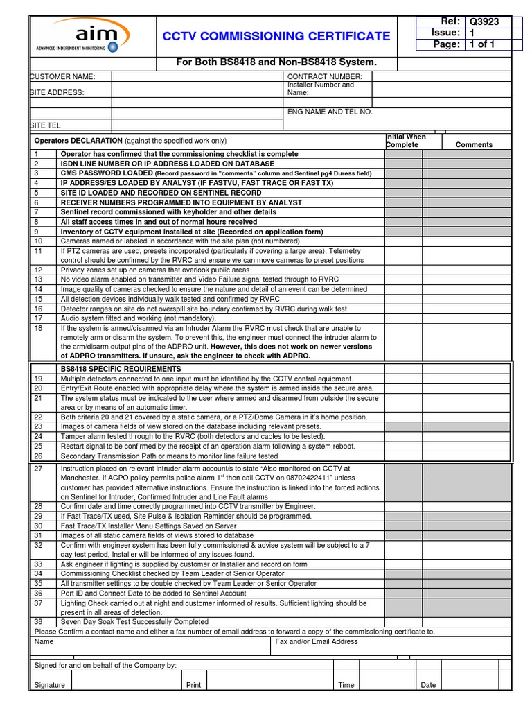CCTV Commissioning Certificate Template | PDF | Security Alarm | Closed ...