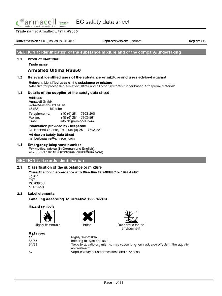 Armaflex Ultima RS850 Safety Data Sheet | PDF | Dangerous Goods | Toxicity