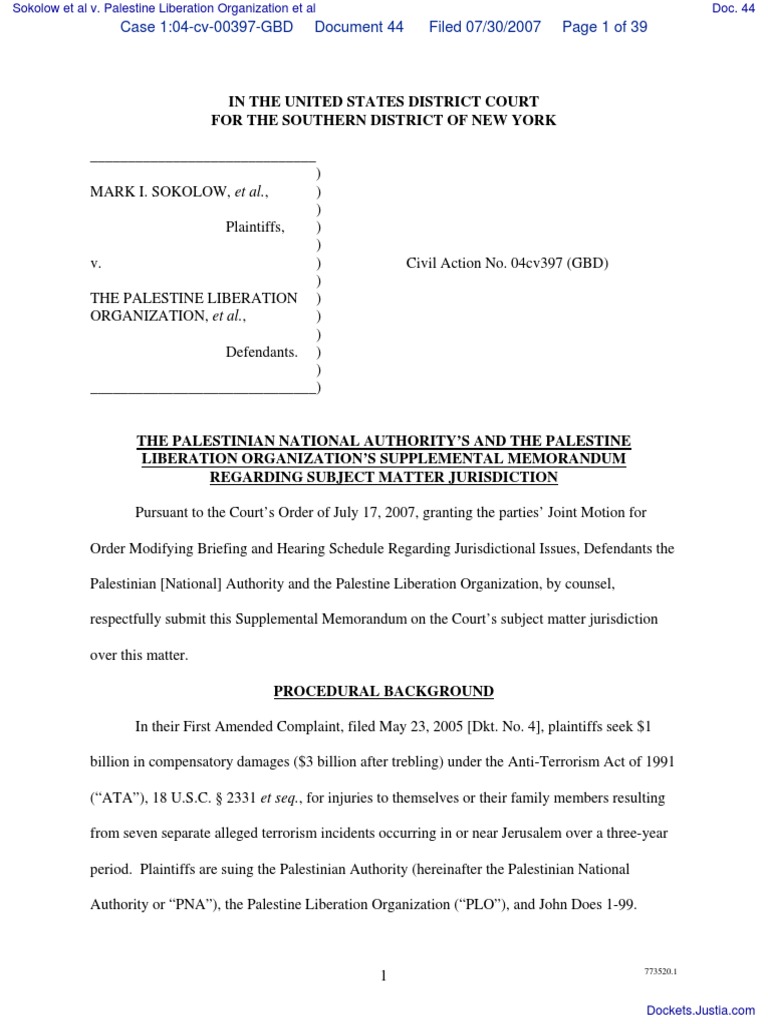 Sokolow Et Al v. Palestine Liberation Organization Et Al - Document No ...