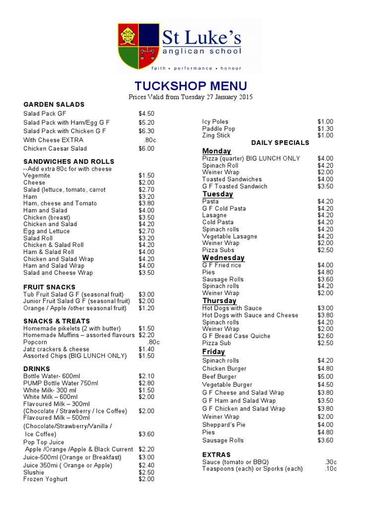 Tuckshop Menu Jan 2015 | PDF | Cooking, Food & Wine | Wellness