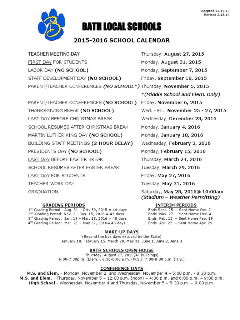 Bath Local Schools 2015-2016 Calendar | PDF | Travel | Language Arts ...