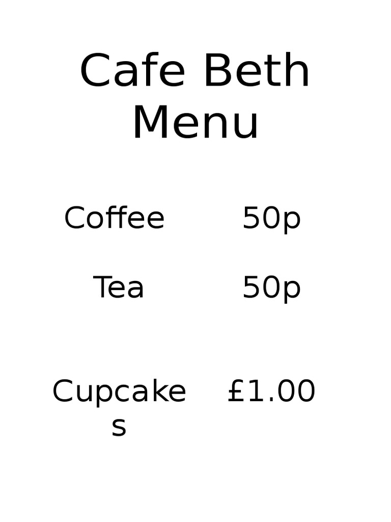 Cafe Beth Menu: Coffee, Tea, Cupcakes | PDF
