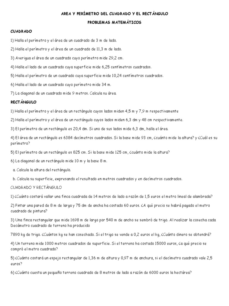 Ejercicios de Área y Perímetro: Cuadrado y Rectángulo | PDF ...