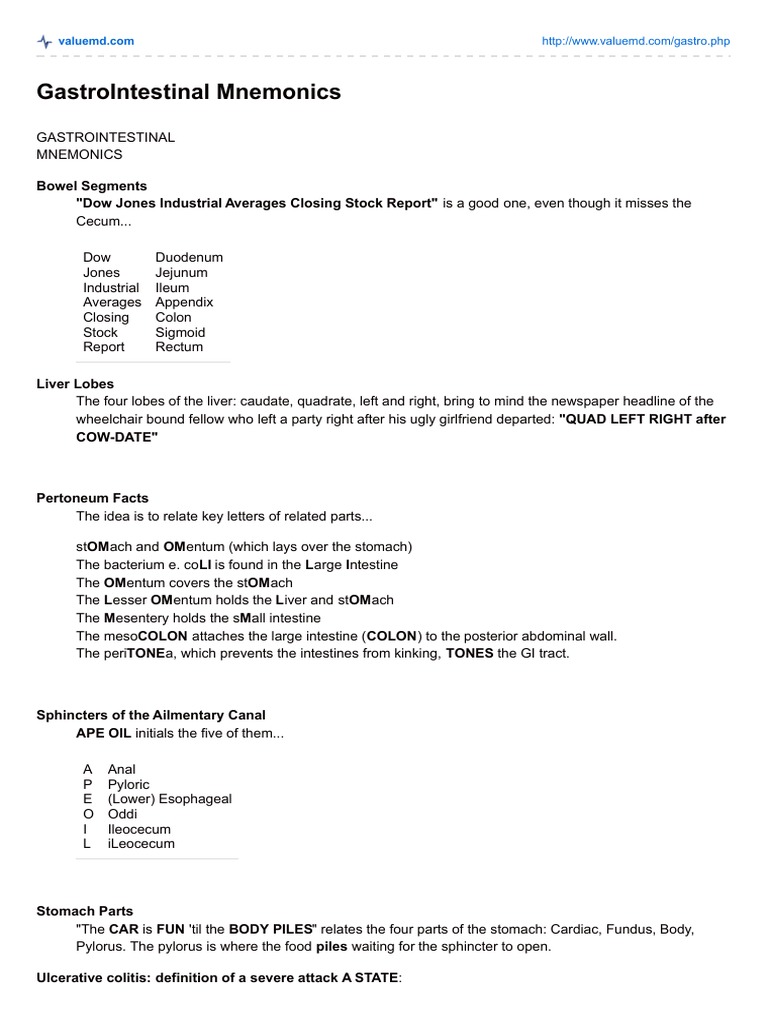 GastroIntestinal Mnemonics PDF | PDF | Gastrointestinal Tract | Stomach