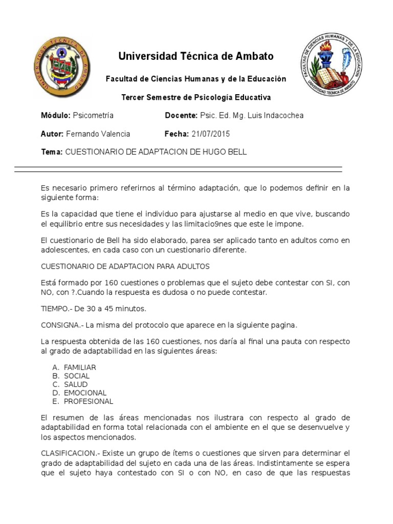 Test de Hugo Bell | PDF | Adultos | Cuestionario