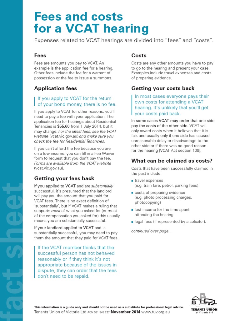Fees Costs Vcat Hearing Factsheet2014 | PDF | Fee | Leasehold Estate