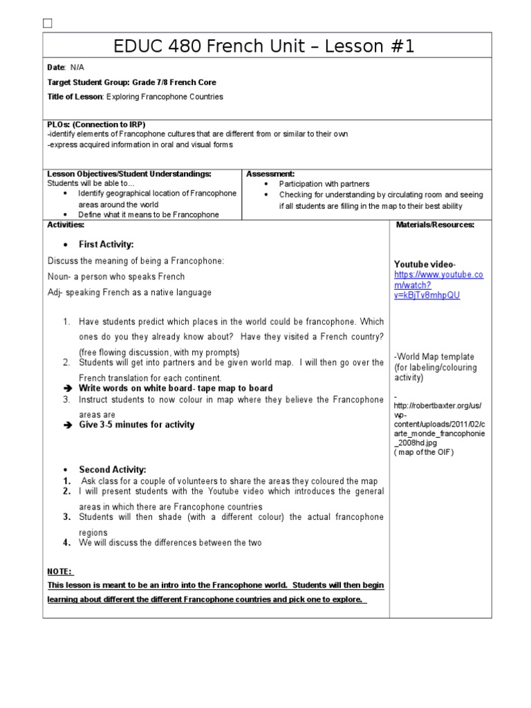 Lesson 1 Intro French Unit | PDF | Foreign Language Studies