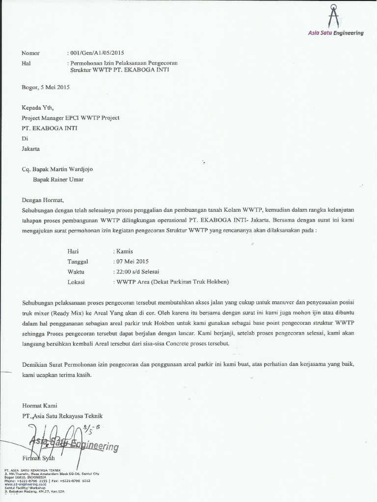 Surat Pemberitahuan Ijin Pengecoran | PDF