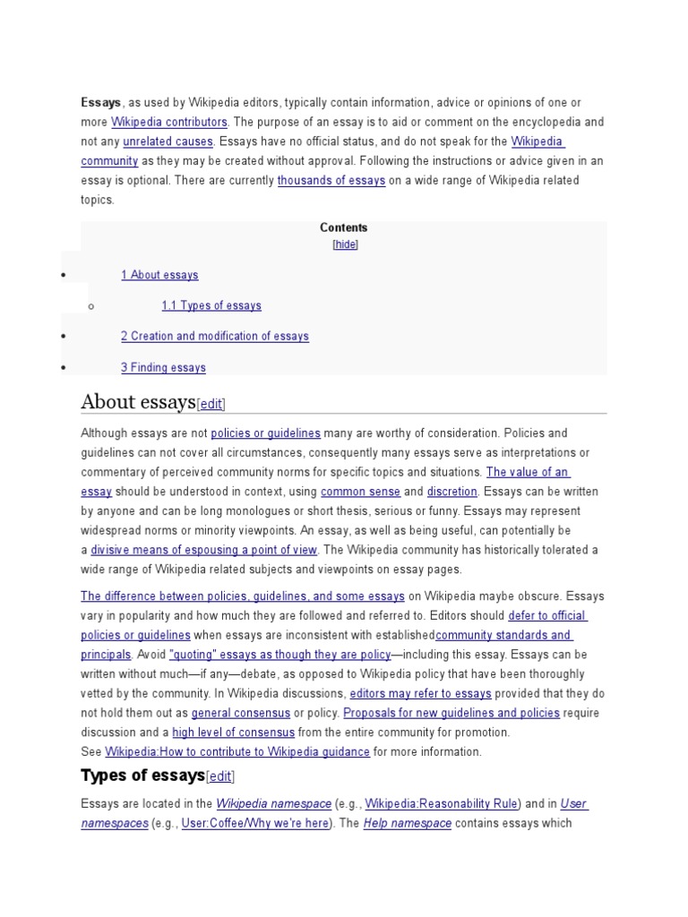 About Essays: Essays, As Used by Wikipedia Editors, Typically Contain ...