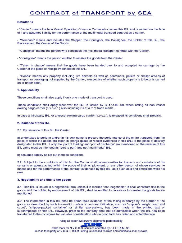 Contract of Transport by Sea | PDF | Cargo | Bill Of Lading