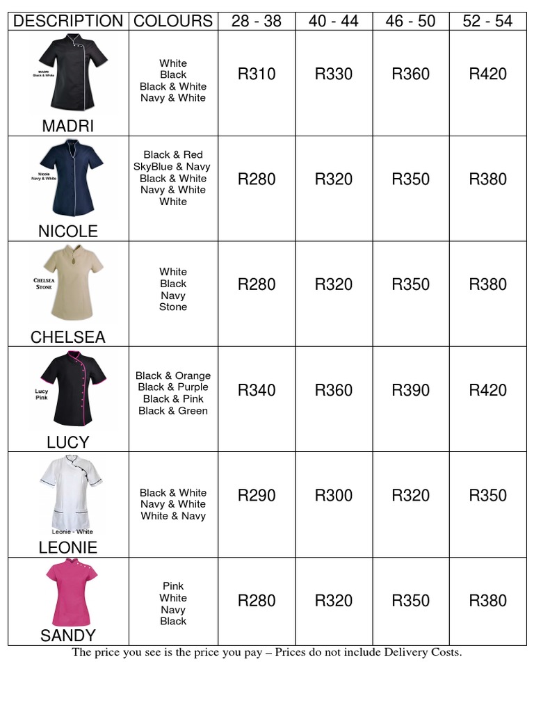 Women's Clothing Color Options & Prices | PDF