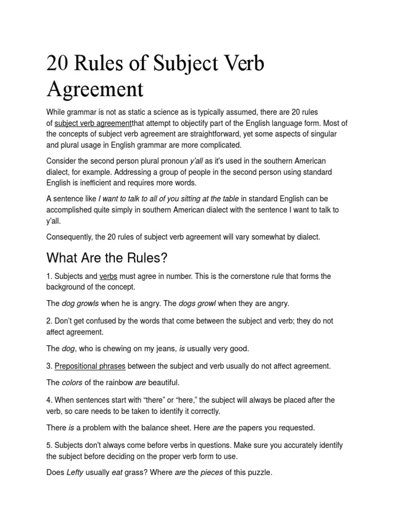 20 Rules of Subject-Verb Agreement | PDF | Grammatical Number | Verb