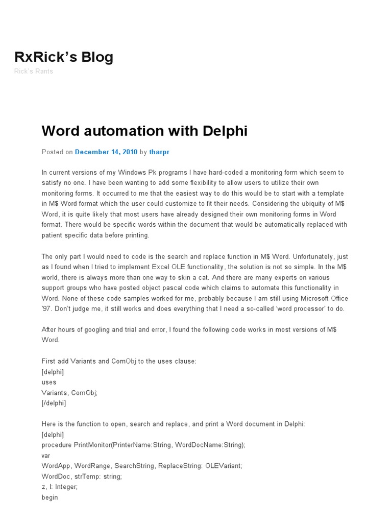 Word Automation With Delphi - RxRick's Blog | PDF | Microsoft Word ...