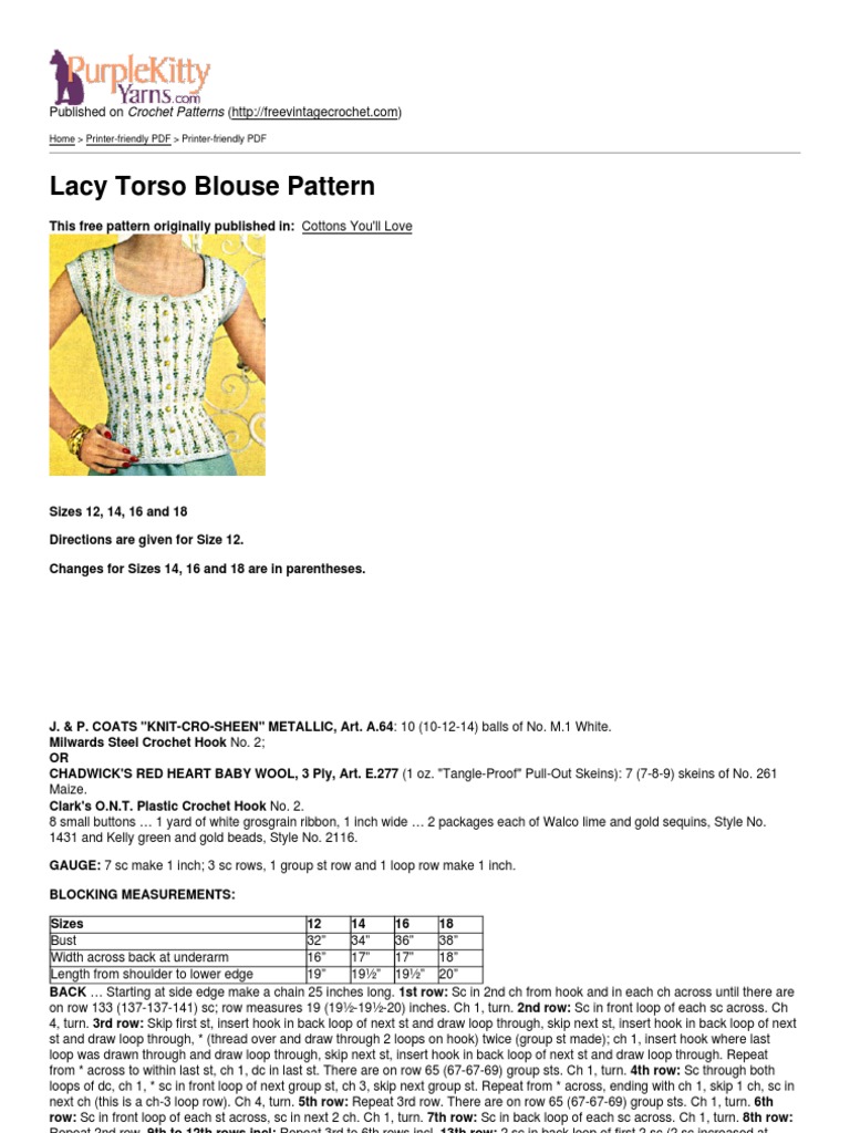 Crochet Patterns - Lacy Torso Blouse Pattern - 2013-06-02 | PDF ...