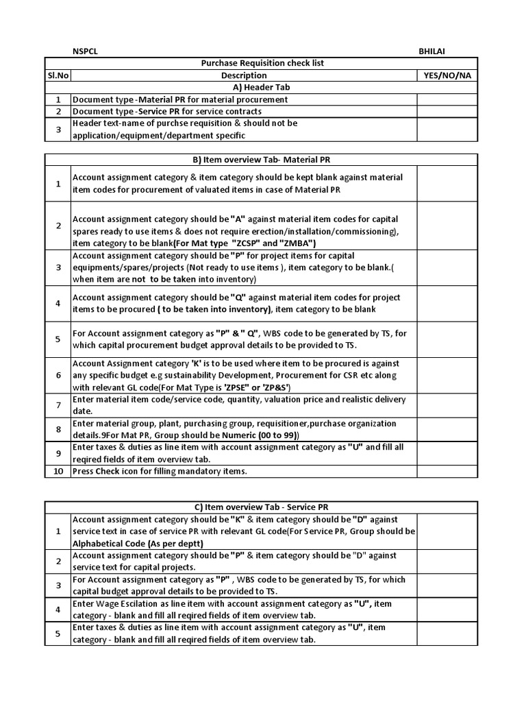 PR Checklist Bhilai (2015) | PDF | Procurement | Supply Chain Management