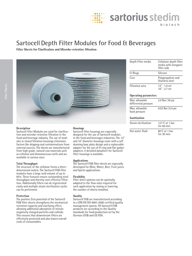Sartocell Depth Filter Modules for Food & Beverages: High-Grade ...