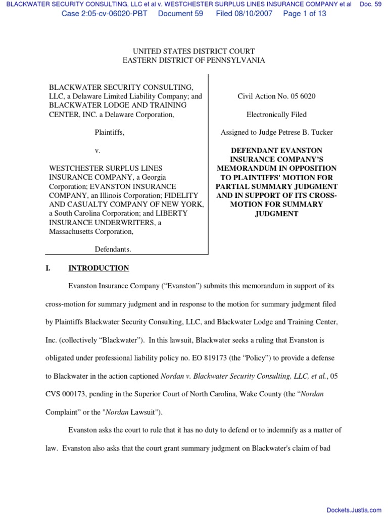 BLACKWATER SECURITY CONSULTING, LLC Et Al v. WESTCHESTER SURPLUS LINES ...