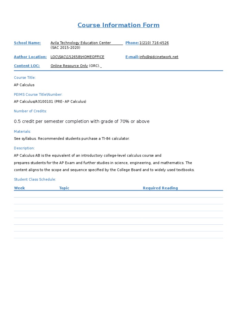 Course Information Form: 0.5 Credit Per Semester Completion With Grade ...