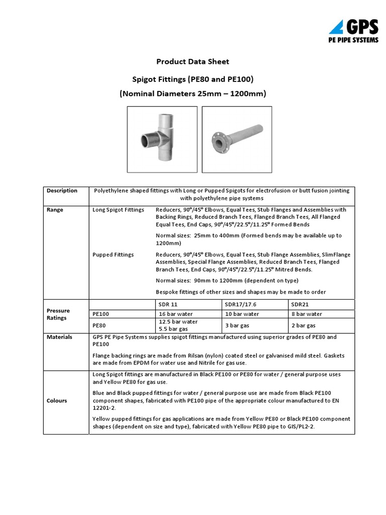 Product Data Sheet Spigot Fittings (PE80 and PE100) (Nominal Diameters ...