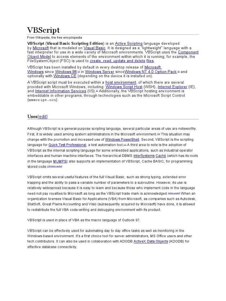 Vbscript: Vbscript (Visual Basic Scripting Edition) Is An | PDF ... Vbscript: Vbscript (Visual Basic Scripting Edition) Is An | PDF ...