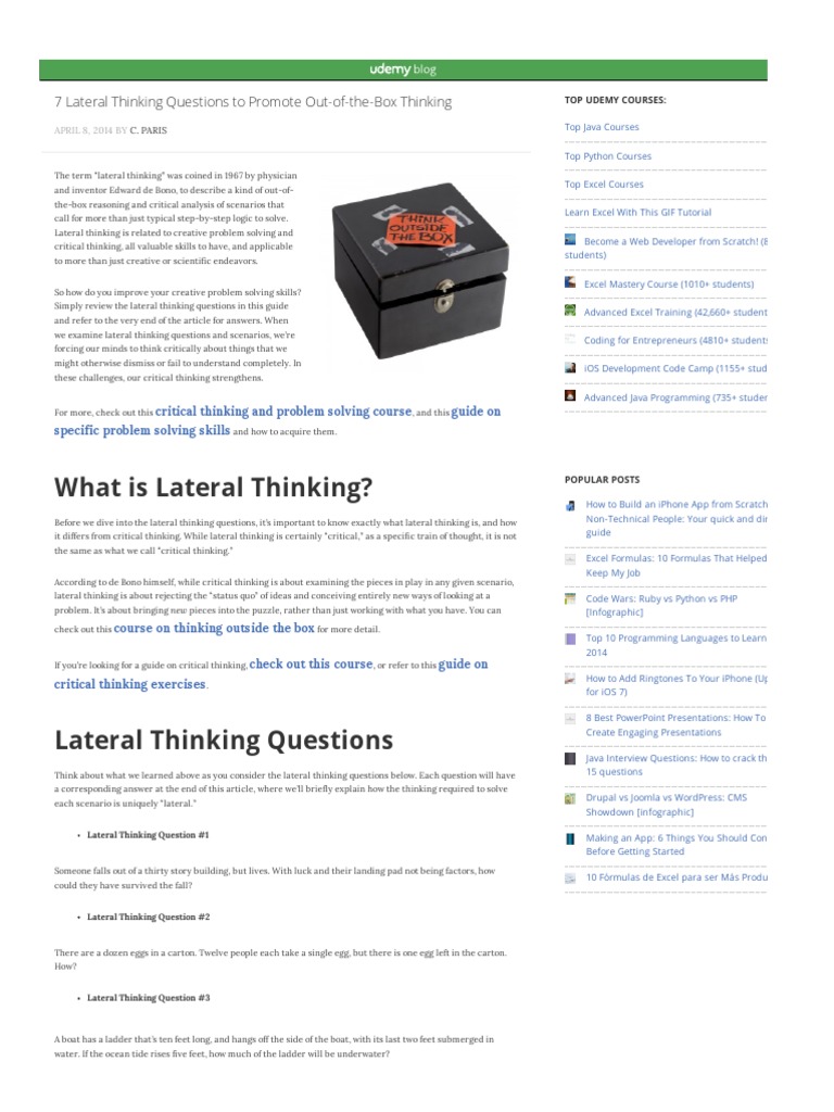 7 Lateral Thinking Questions To Promote Out-Of-The-Box Thinking | PDF ...