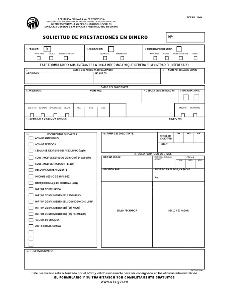Solicitud de Prestaciones IVSS 14-04 | PDF