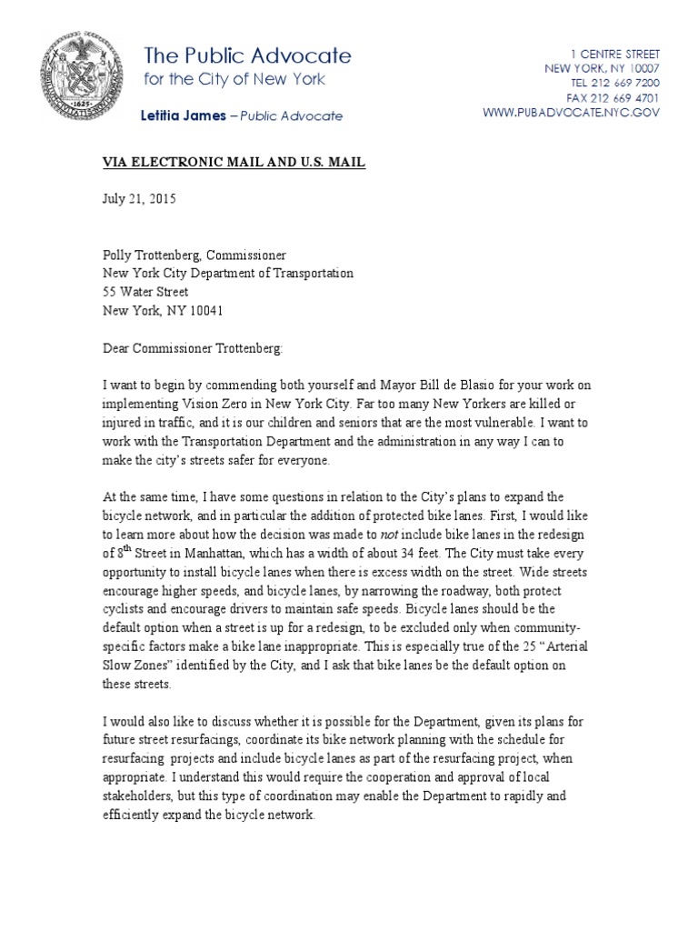 Tish James Letter Re Bike Lanes and Vision Zero | PDF | Cycling ...