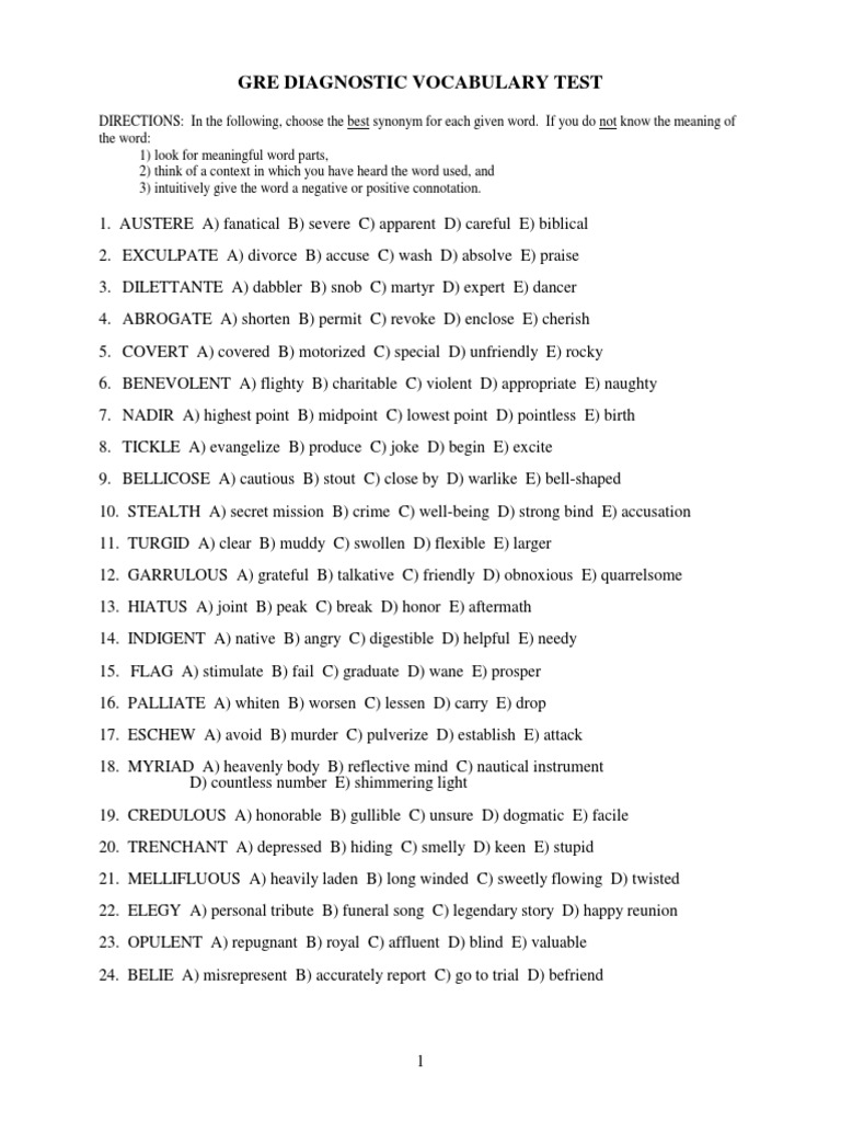 Diagnostic Vocabulary Test | PDF