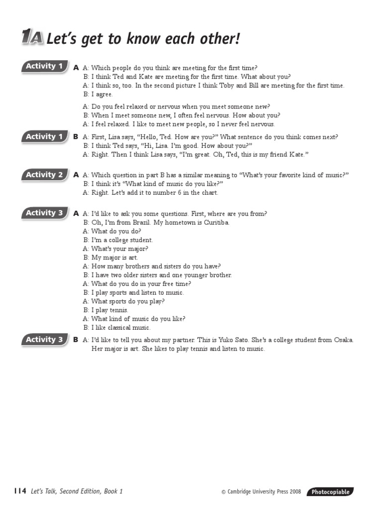 Lets Talk2 Level1 High Beginning Unit1 Model Conversations | PDF | Sports & Recreation | Art