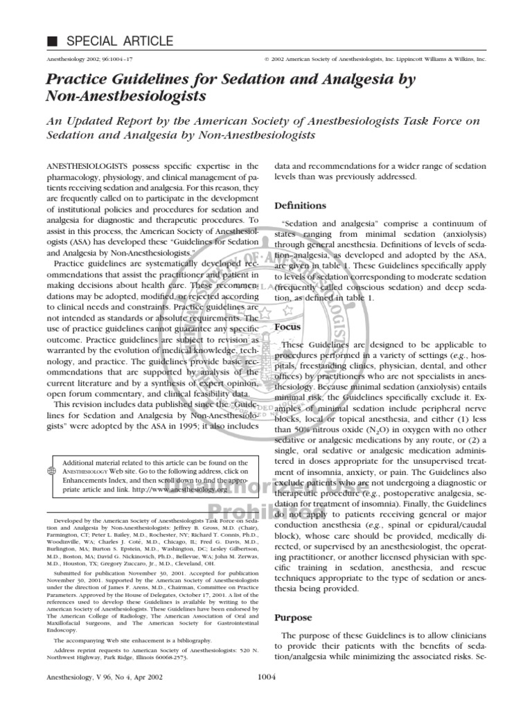 ASA Guidelines For Sedation and Analgesia | PDF