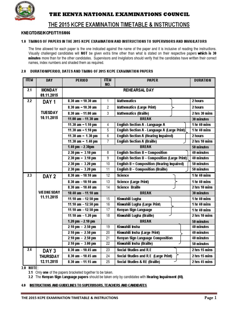 2015 Kcpe Time Table | PDF | Fine (Penalty) | Human Resource Management