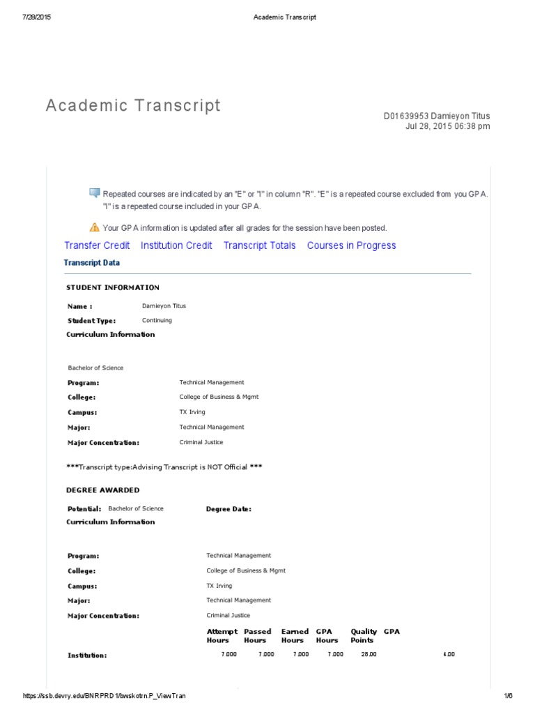 Devry Unofficial Transcript | PDF | Course Credit | Grading (Education)