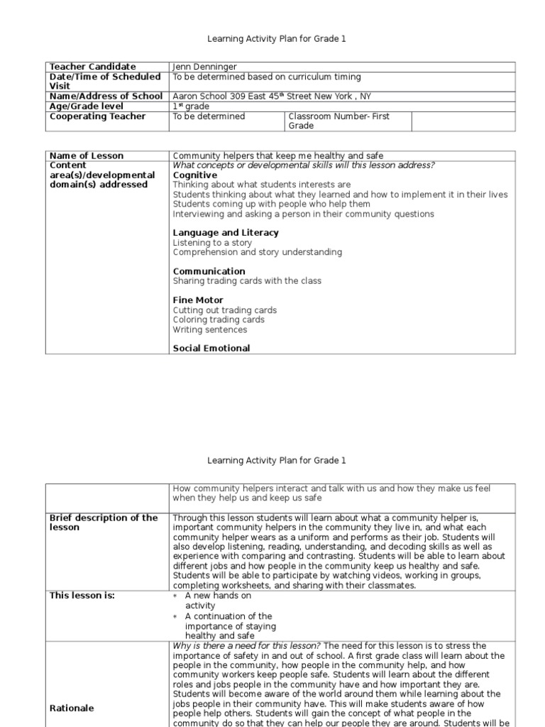 Community Helpers Lesson Plan for Grade 1 | PDF | Educational ...