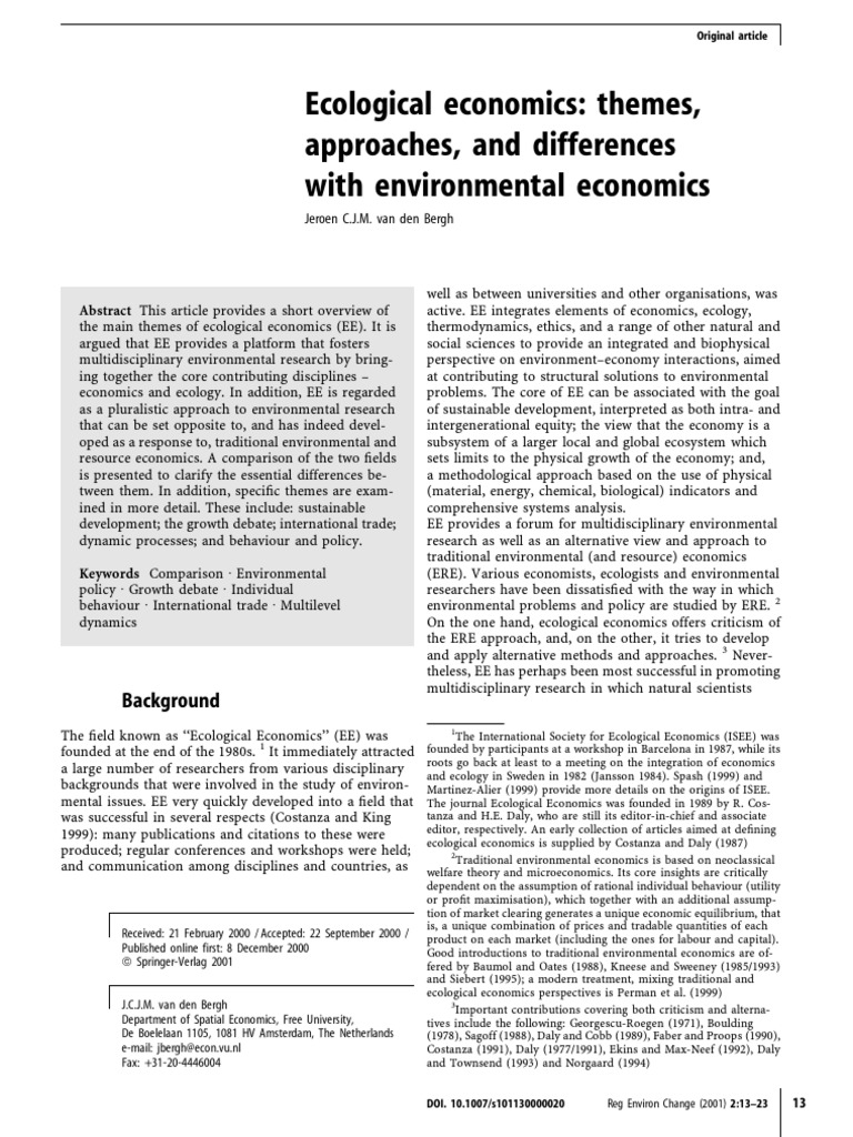 Ecological Economics: Themes, Approaches, and Differences With ...