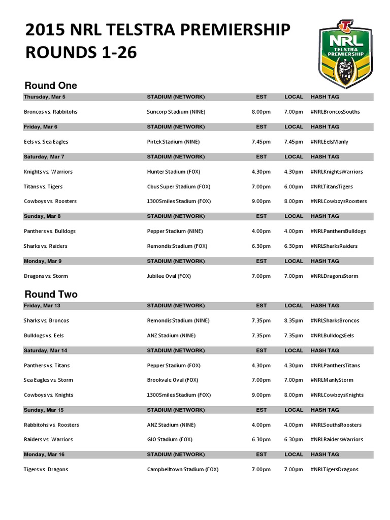 2015 NRL Games Schedule | PDF | Sports Organisations | Sports