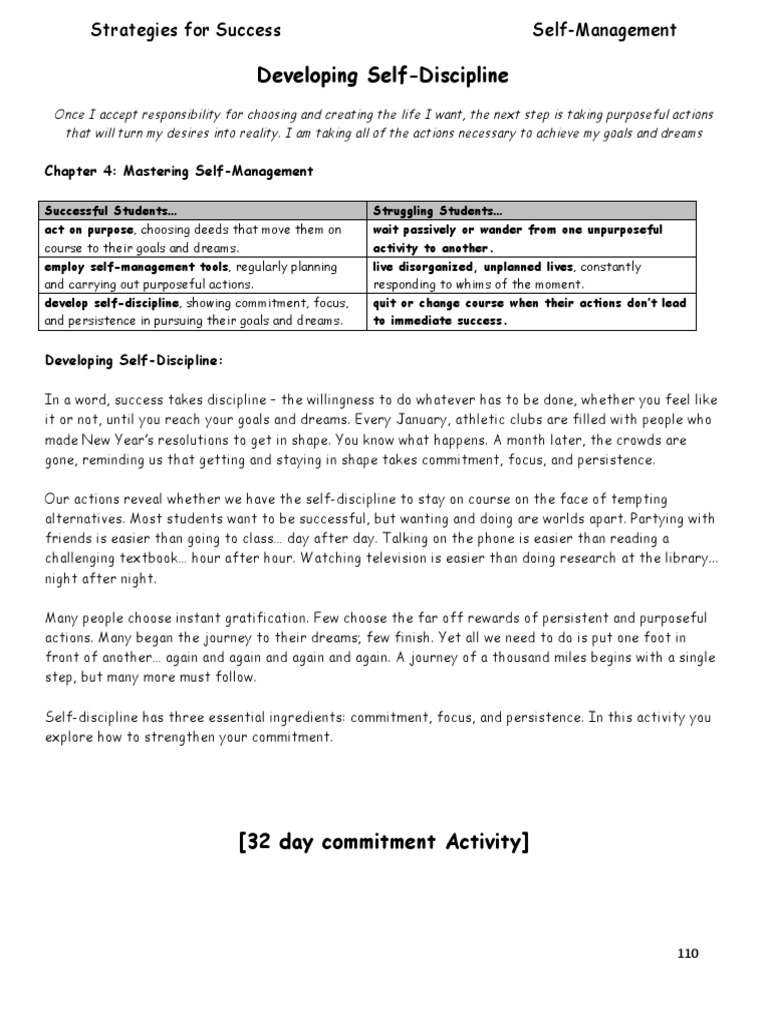 Developing Self-Discipline (32 Day Commitment Activity) | PDF | Delayed ...