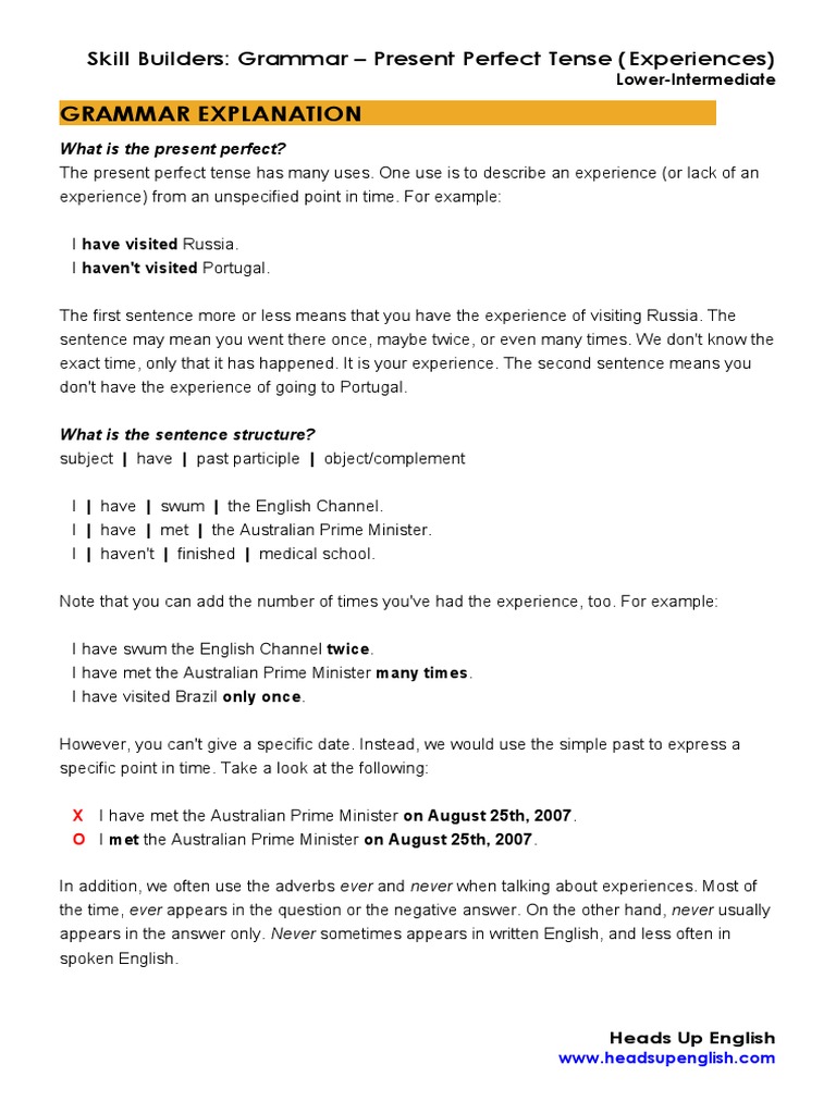 Present Perfect Experience lesson plan | Perfect (Grammar ...